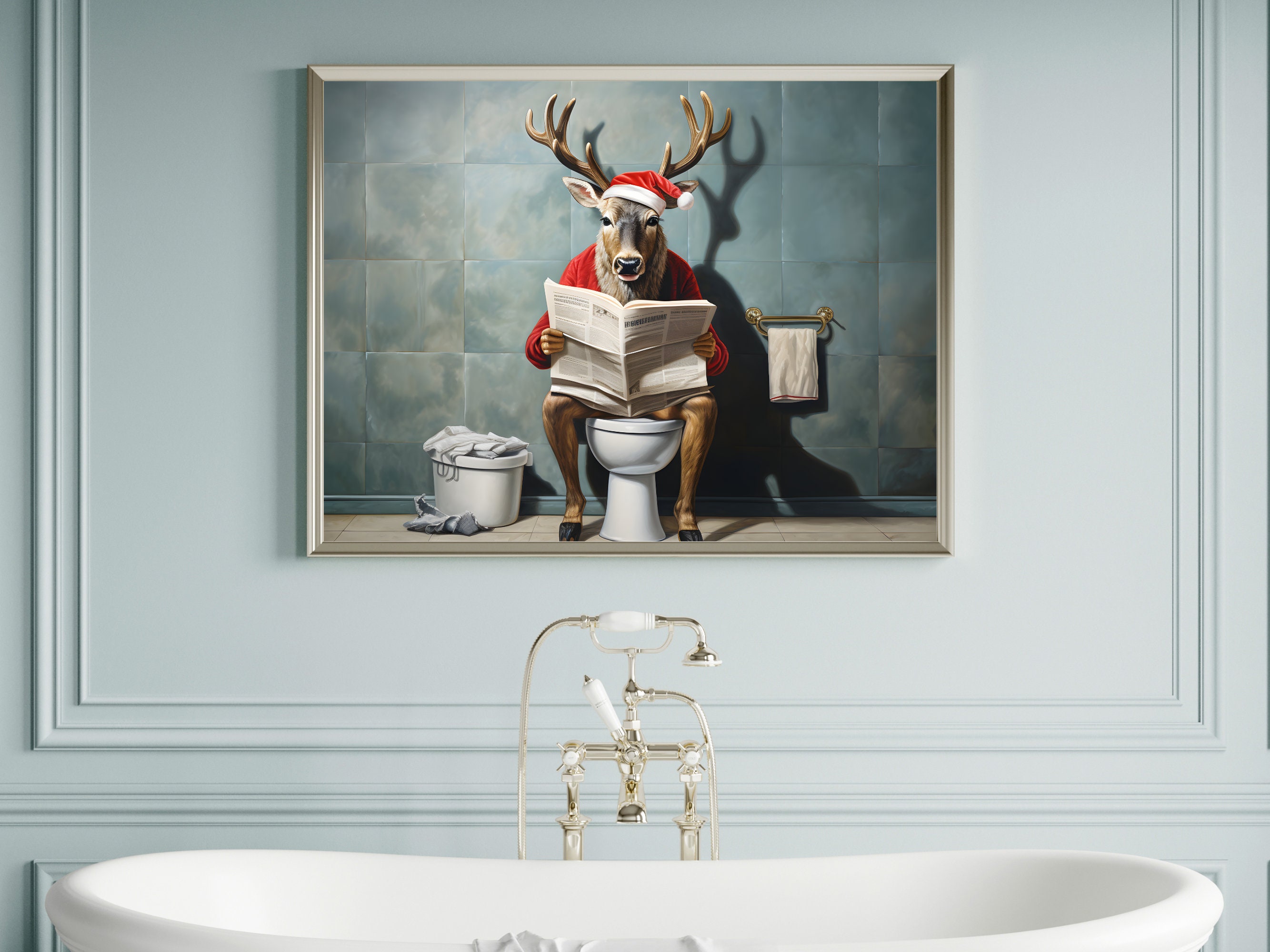 Reindeer on Toilet Print Reindeer in Bathroom Printable Wall Decor ...