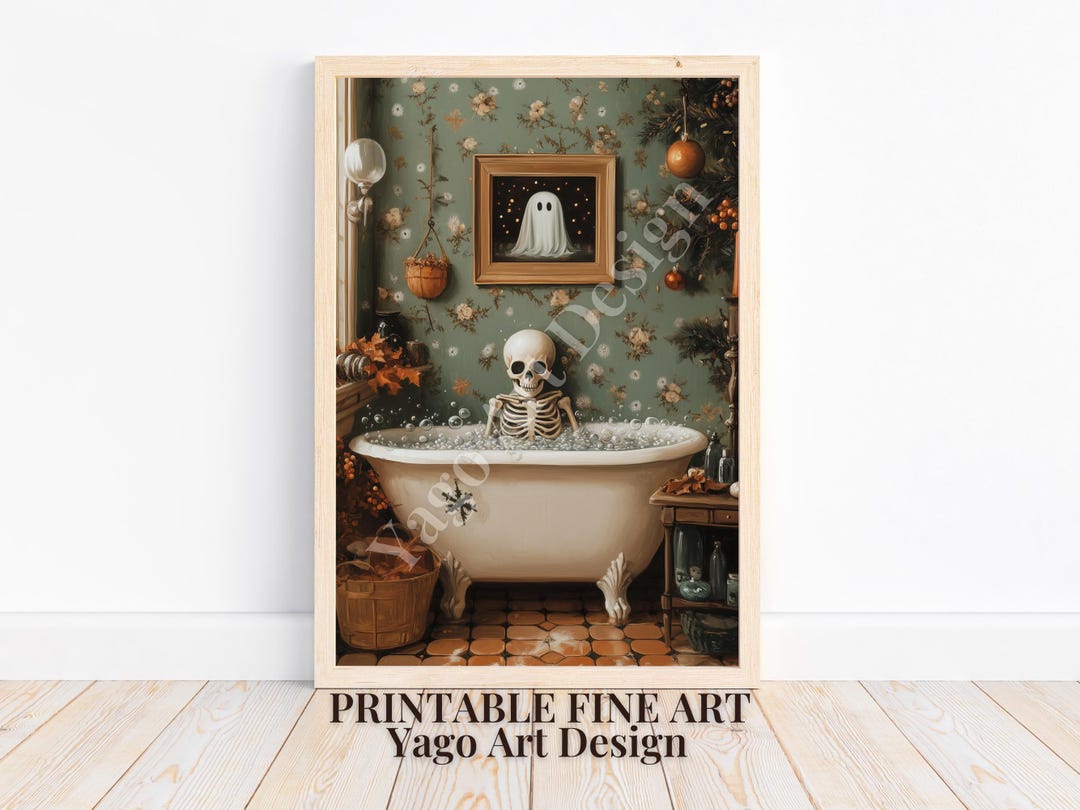 Halloween Skeleton in Bathtub Digital Print | Skeleton in Bathroom ...