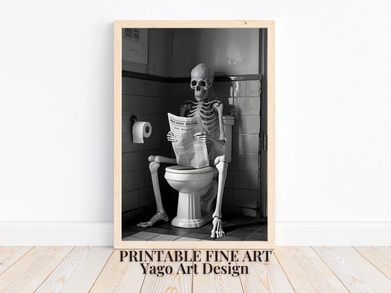 Skeleton on Toilet Wall Art Print Skeleton in Bathroom Halloween Wall ...