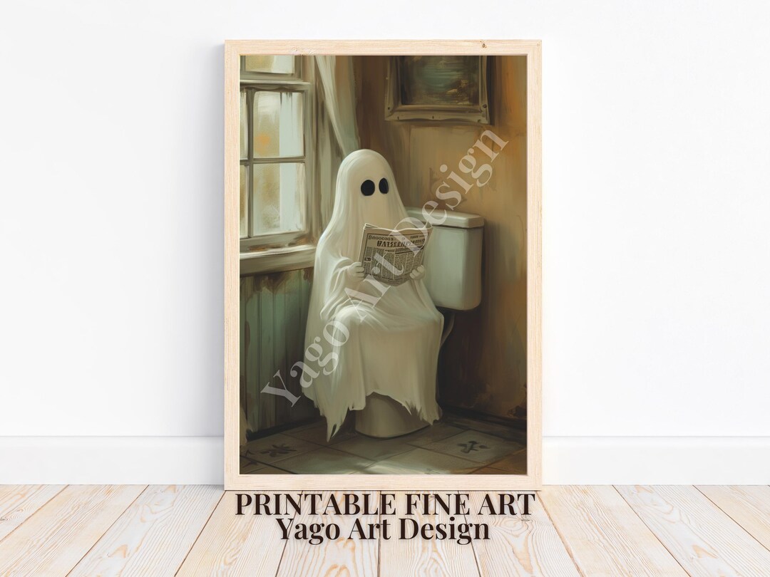 Ghost on Toilet Wall Art Print Halloween Ghost in Bathroom Dark ...