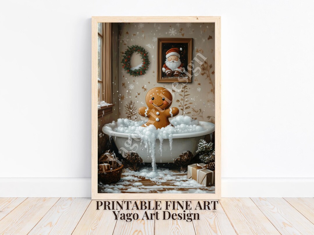 Gingerbread Man in Bathtub Christmas Print: Funny Bathroom Wall Art ...