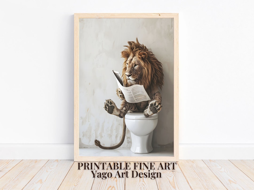 Lion Sitting on Toilet Wall Art Print Bathroom Animal Art Safari Animal ...