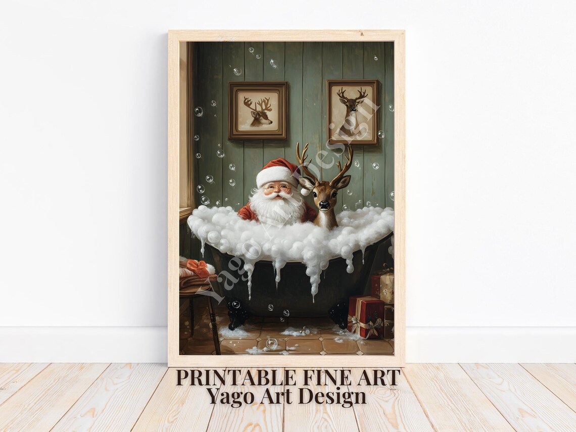 Santa and Reindeer Bathtub Christmas Art Print (digital Download) - Etsy