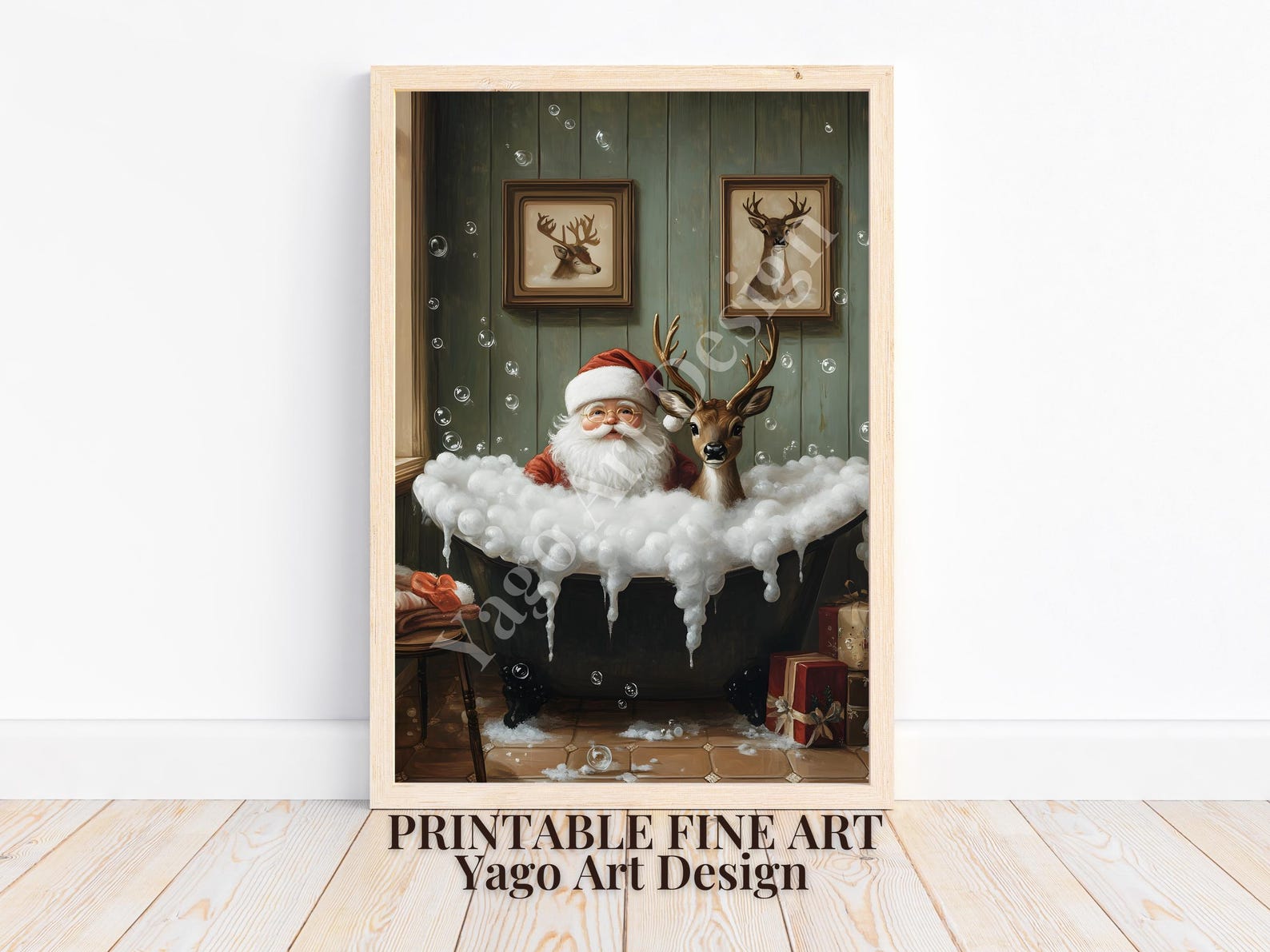 Santa and Reindeer Bathtub Christmas Art Print (digital Download) - Etsy