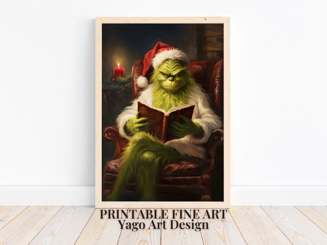 Vintage Christmas Print | Grinch Reading Book | Grinch Oil Painting ...