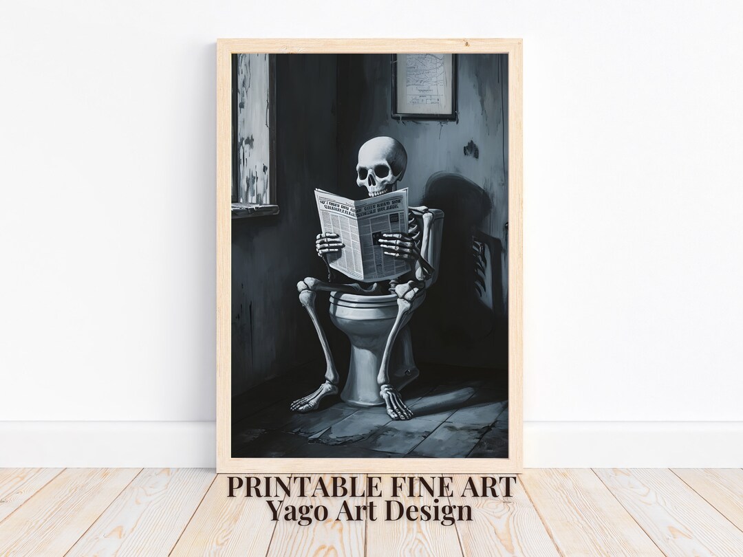 Skeleton on Toilet Wall Art Print | Halloween Skeleton in Bathroom ...