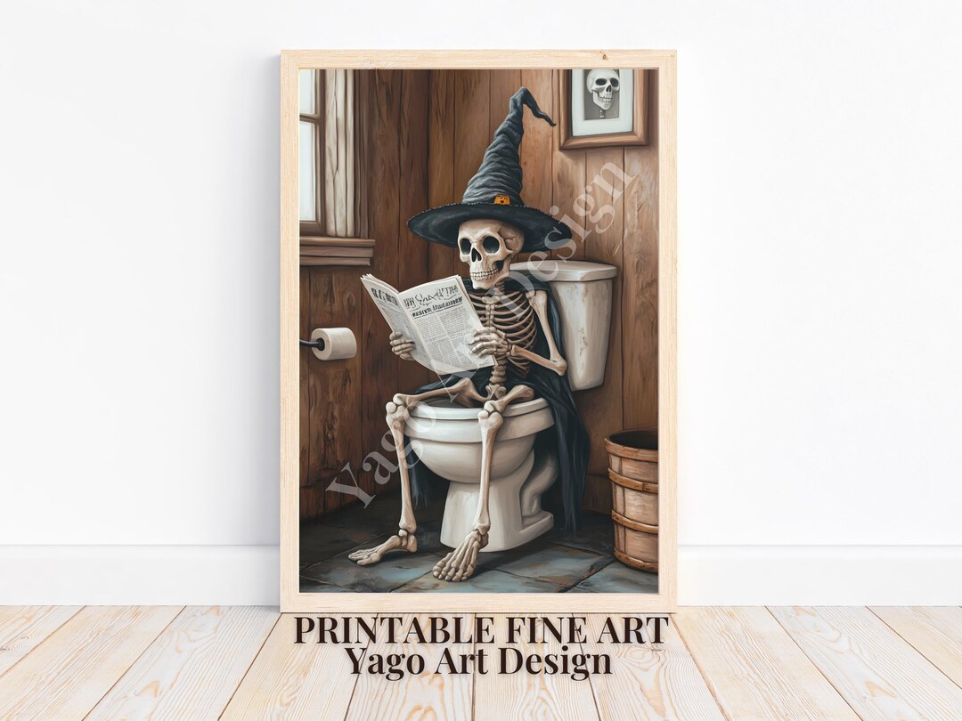 Cute Skeleton on Toilet Art Print | Skeleton in Bathroom | Skeleton ...
