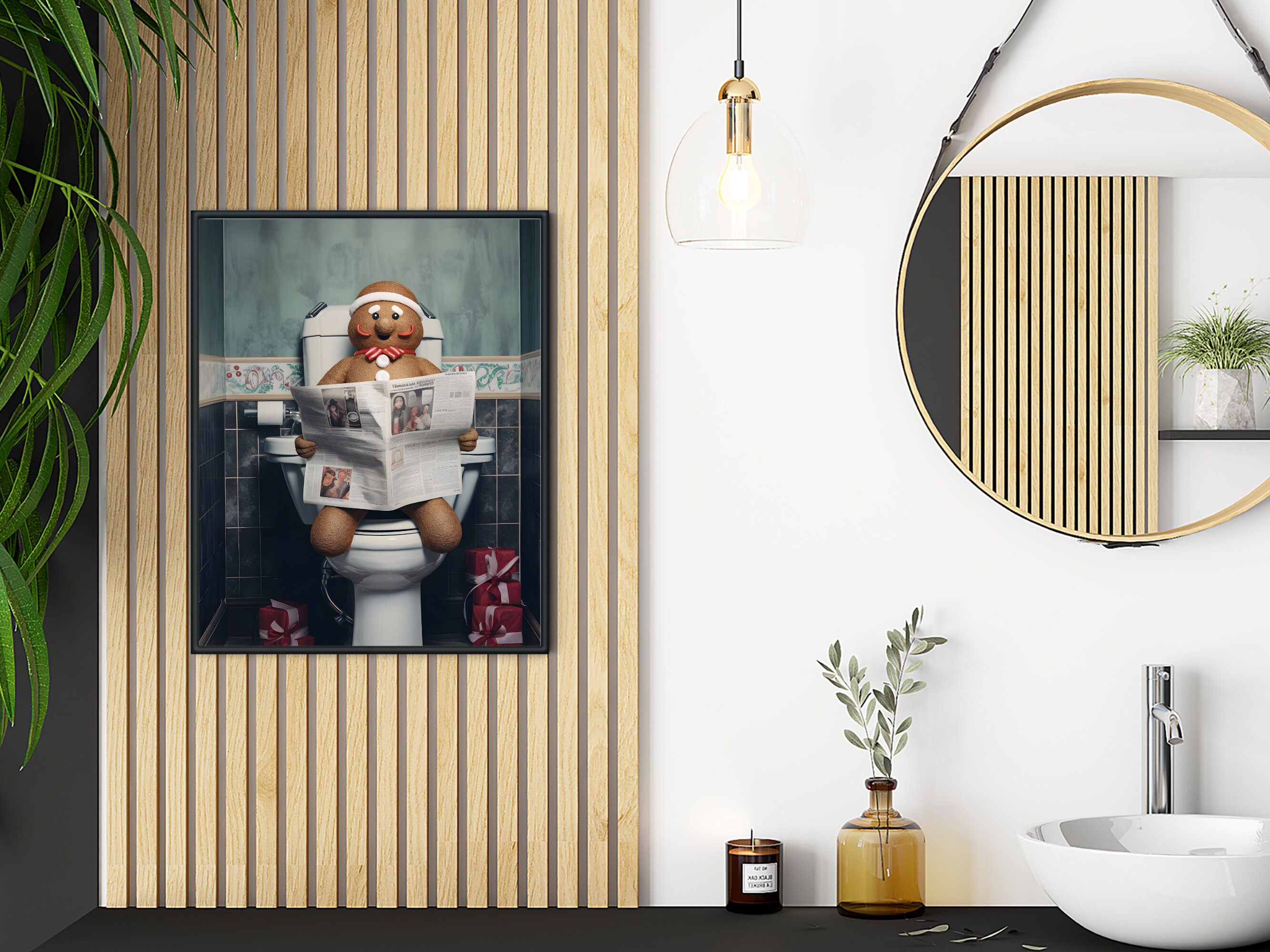 Gingerbread Man on Toilet Art Print Printable Christmas Bathroom Art ...