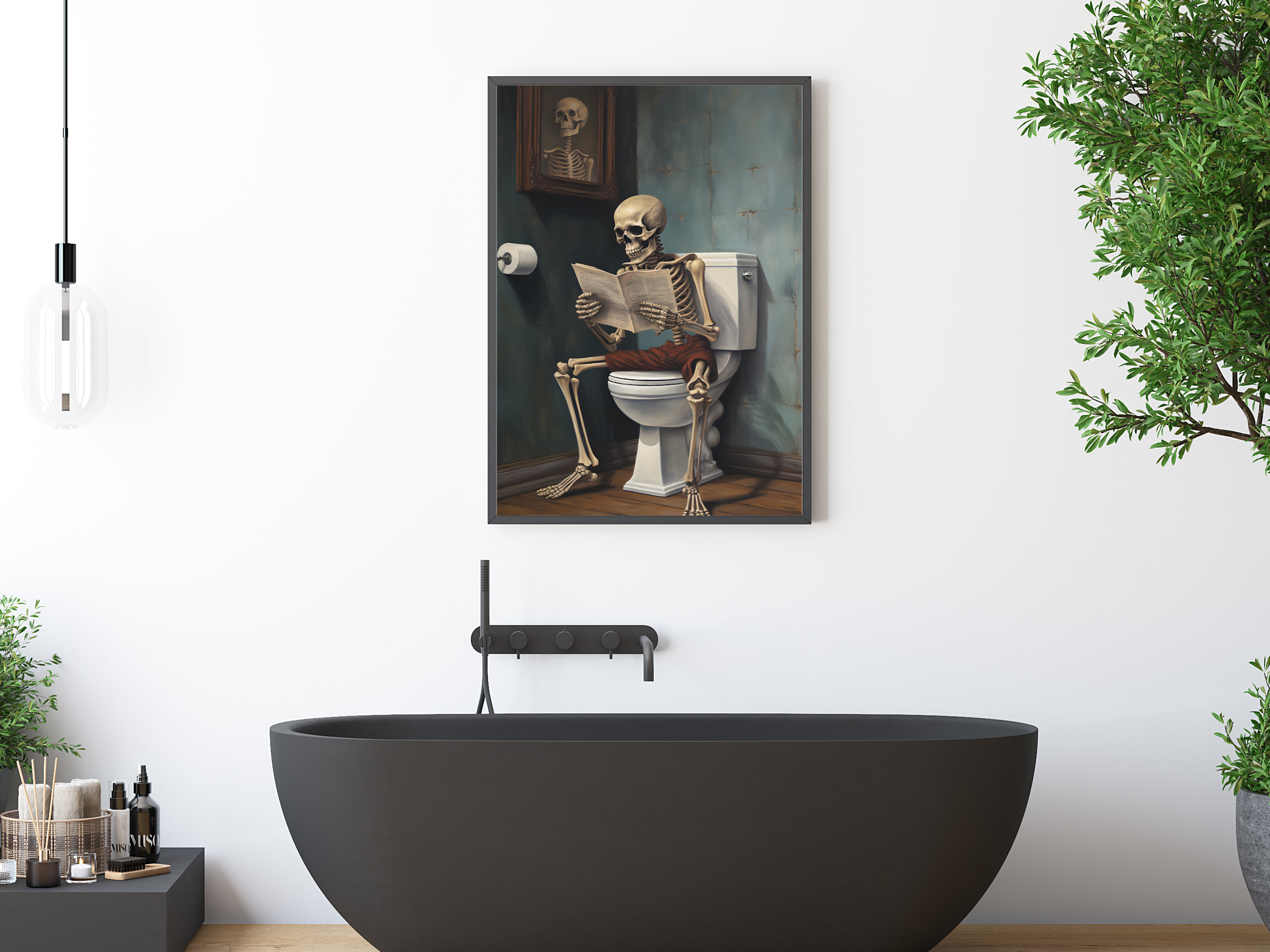 Skeleton on Toilet Reading a Newspaper Skeleton in Bathroom Halloween ...