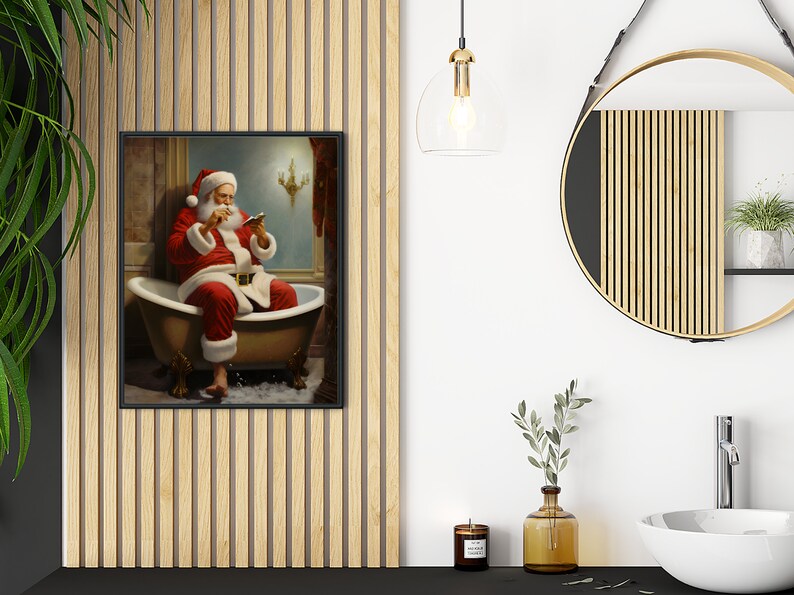 Santa in Bathtub Wall Print Funny Bathroom Wall Decor Funny Christmas ...