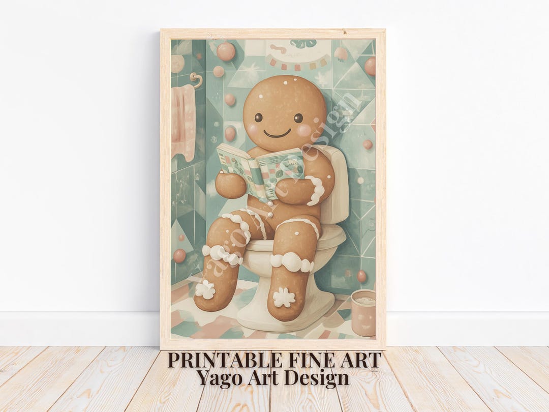 Gingerbread Man on Toilet Art Print Printable Christmas Bathroom Art ...