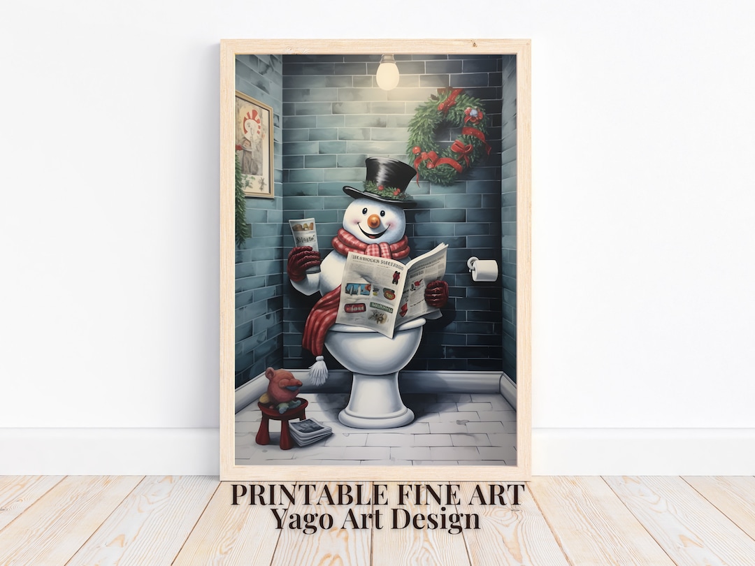 Christmas Cute Snowman on Toilet Digital Print Cute Snowman in Bathroom ...