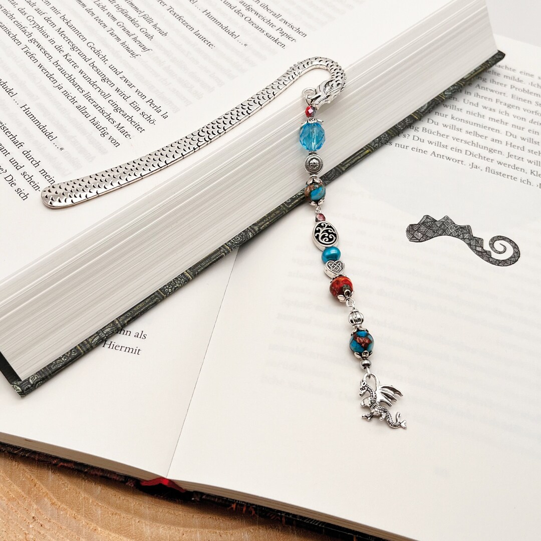 Blue Dragon Bookmark Made of Metal and Real Gemstone Beads, Unusual ...