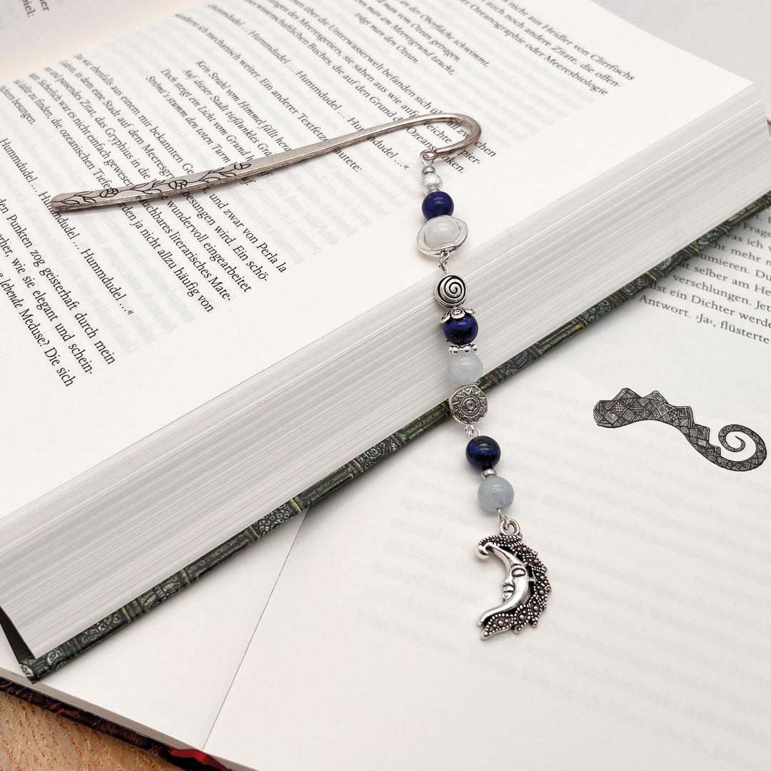 Blue Flower Moon Metal Bookmark Made of Real Gemstone Beads, Unusual ...