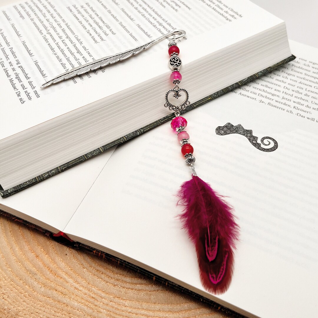 Red Feather Bookmark Made of Metal and Real Gemstone Beads, With ...