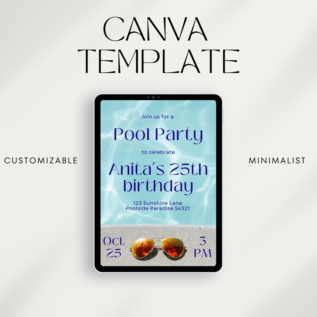 Minimalist Pool Party Invitation| Canva Template| Customizable Birthday ...