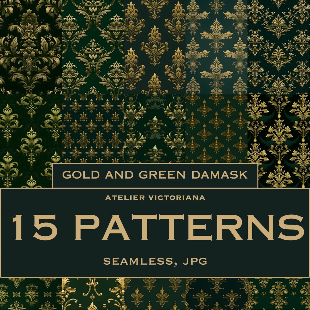 Green and Gold Damask Seamless Pattern Bundle, Digital Paper Pack for ...