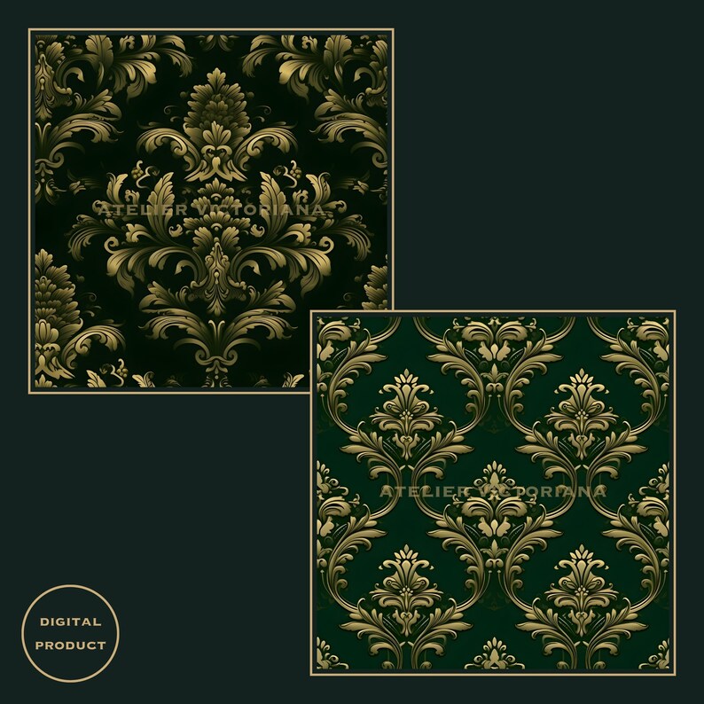 Green and Gold Damask Seamless Pattern Bundle, Digital Paper Pack for ...