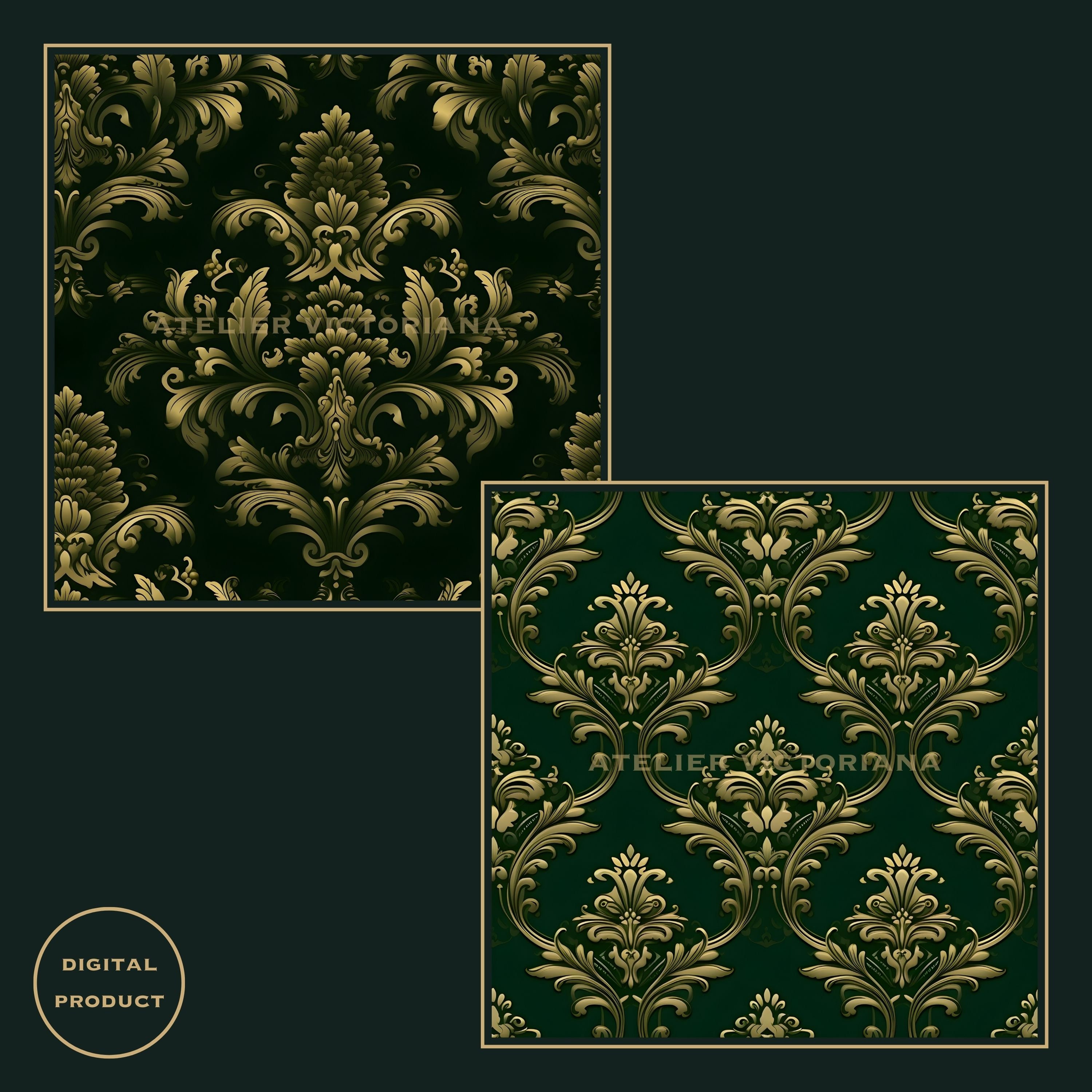 Green and Gold Damask Seamless Pattern Bundle, Digital Paper Pack for ...