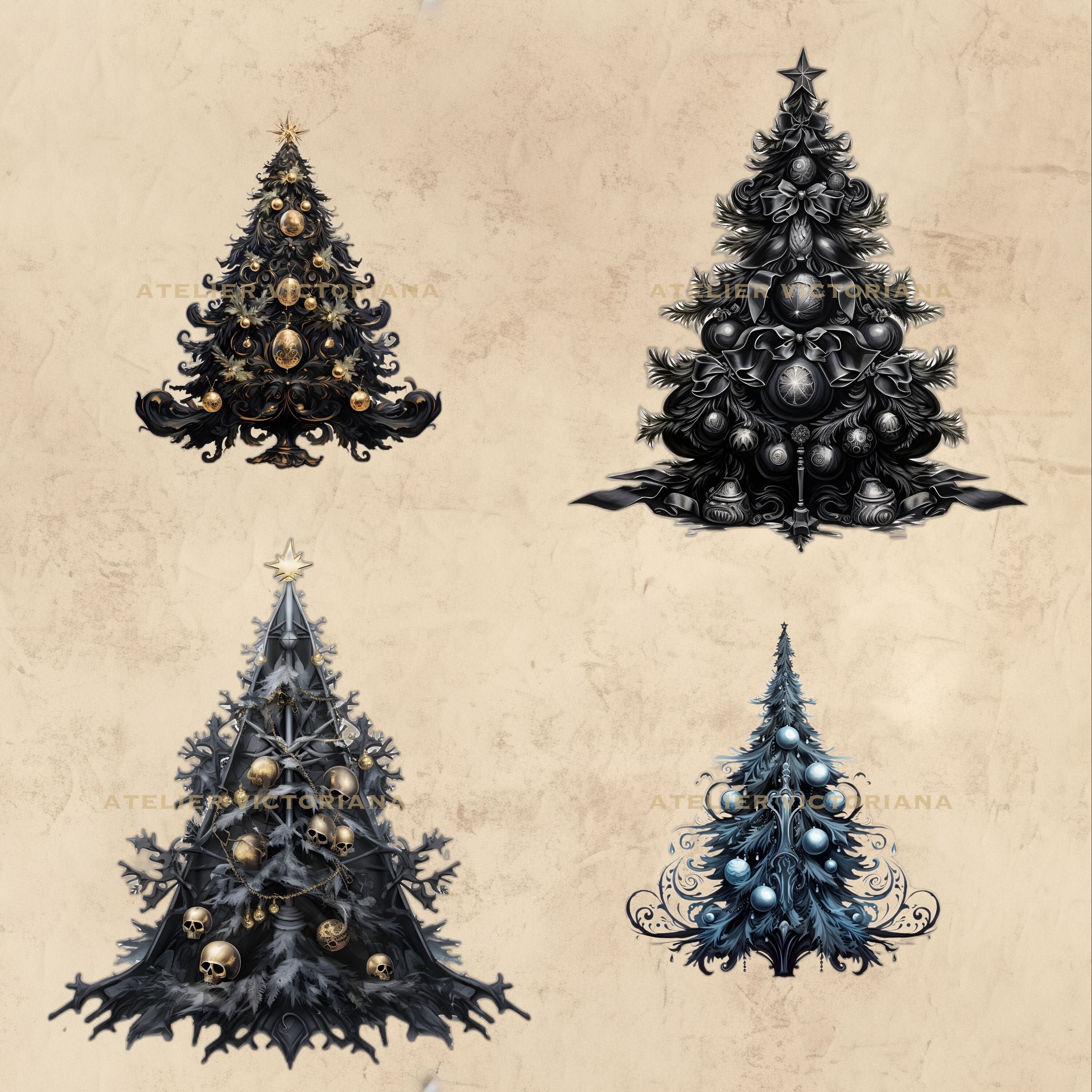 Gothic Christmas Tree Clipart Bundle, Perfect for Christmas Invitation ...