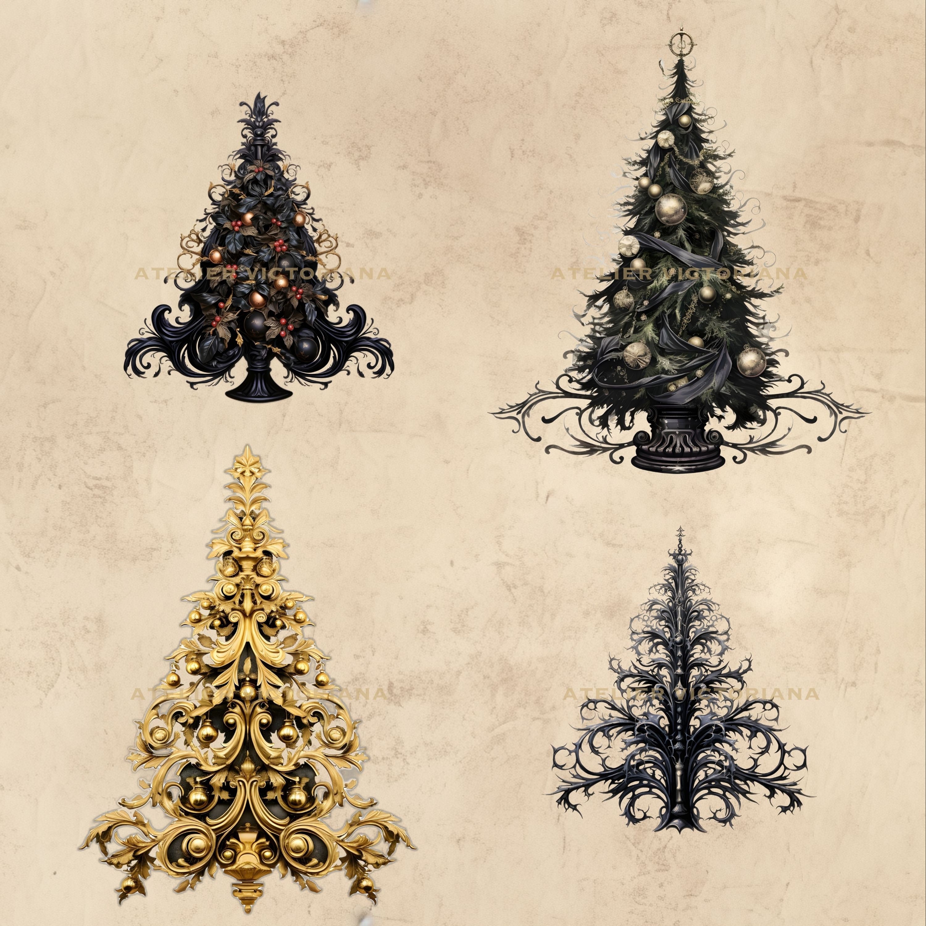 Gothic Christmas Tree Clipart Bundle, Perfect for Christmas Invitation ...