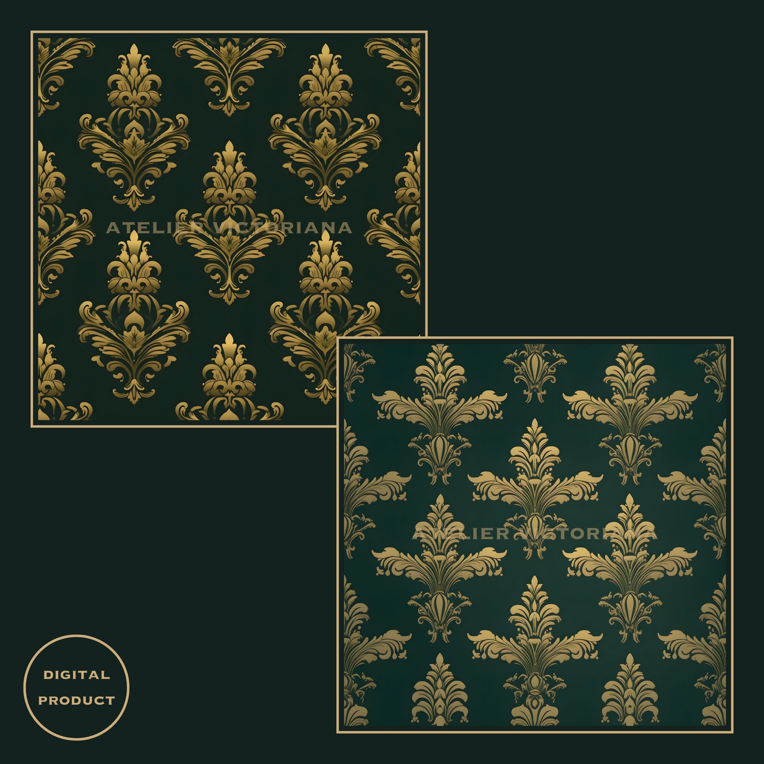 Green and Gold Damask Seamless Pattern Bundle, Digital Paper Pack for ...