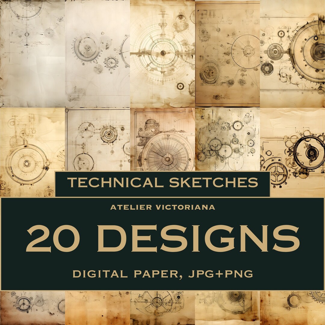 Technical Drawings Digital Paper Pack, Decoupage Papers for Commercial ...
