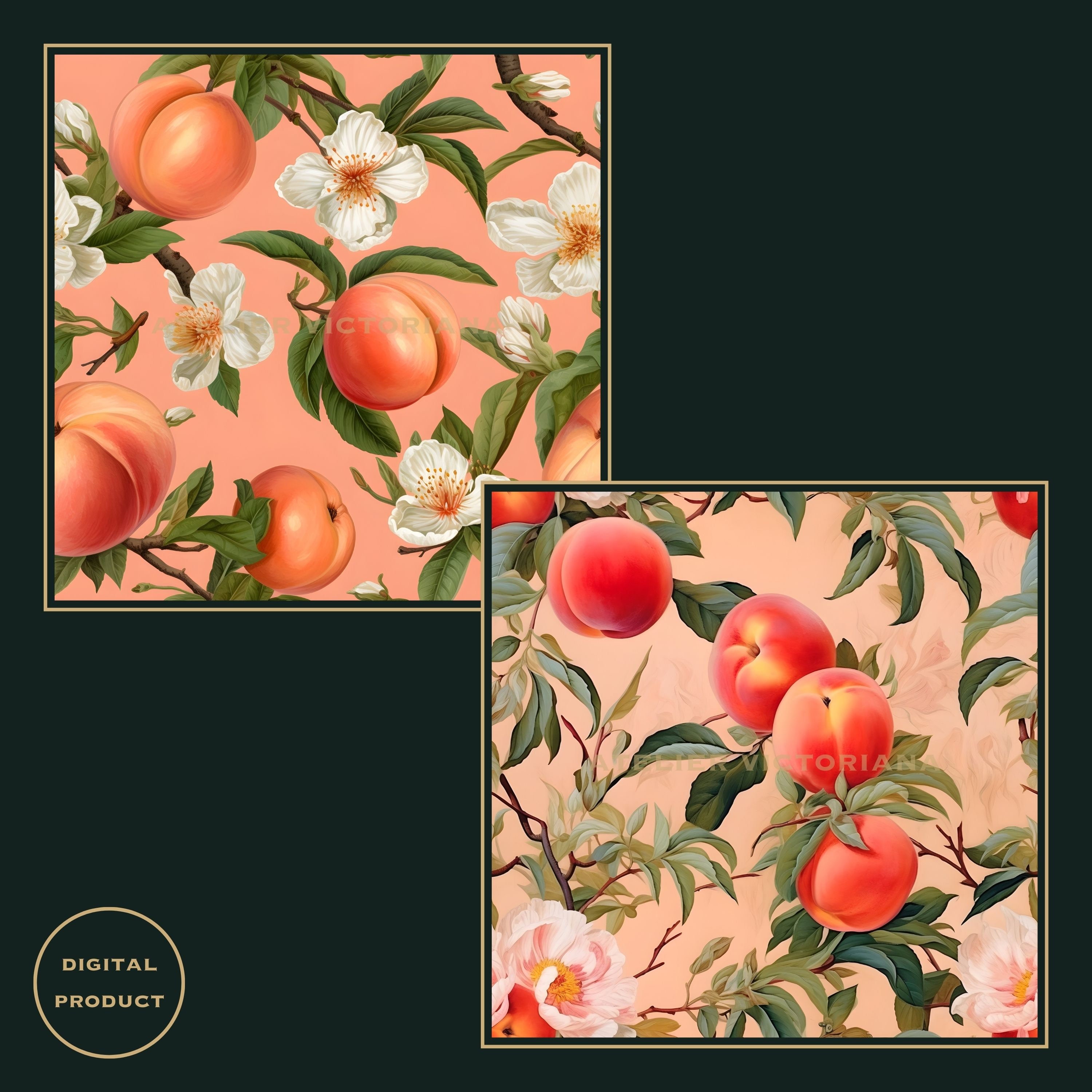 Peaches Digital Paper Pack, Seamless Pattern Bundle With Botanical Art ...