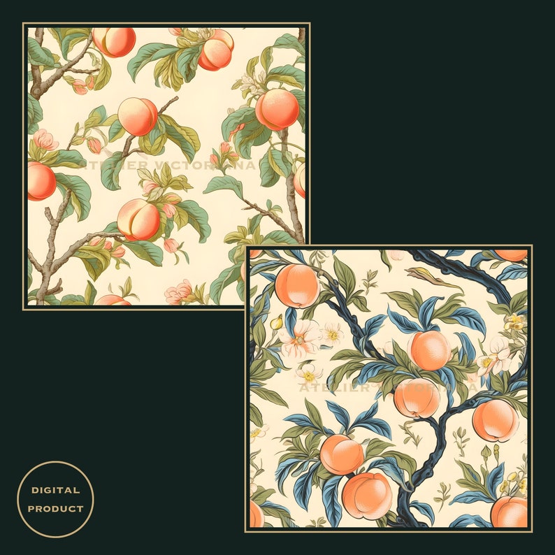 Peaches Digital Paper Pack, Seamless Pattern Bundle With Botanical Art ...