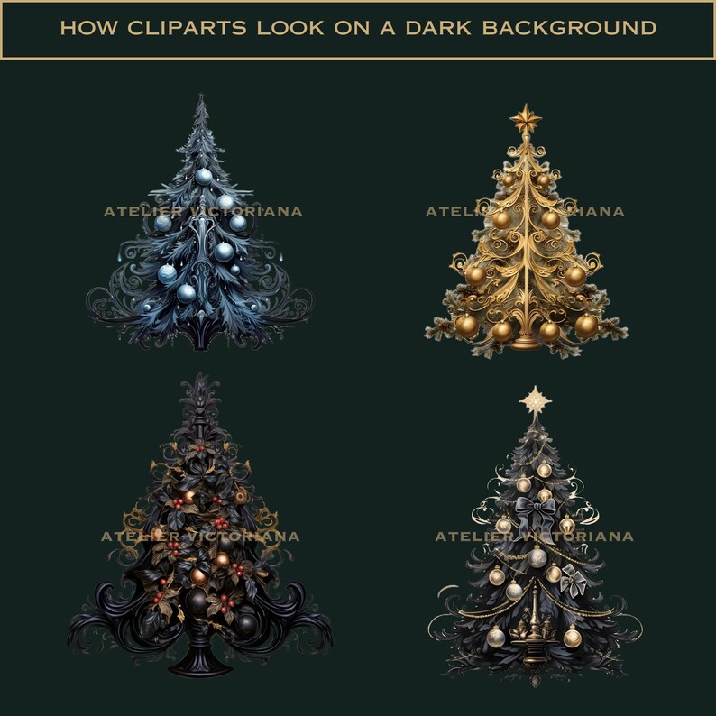 Gothic Christmas Tree Clipart Bundle, Perfect for Christmas Invitation ...