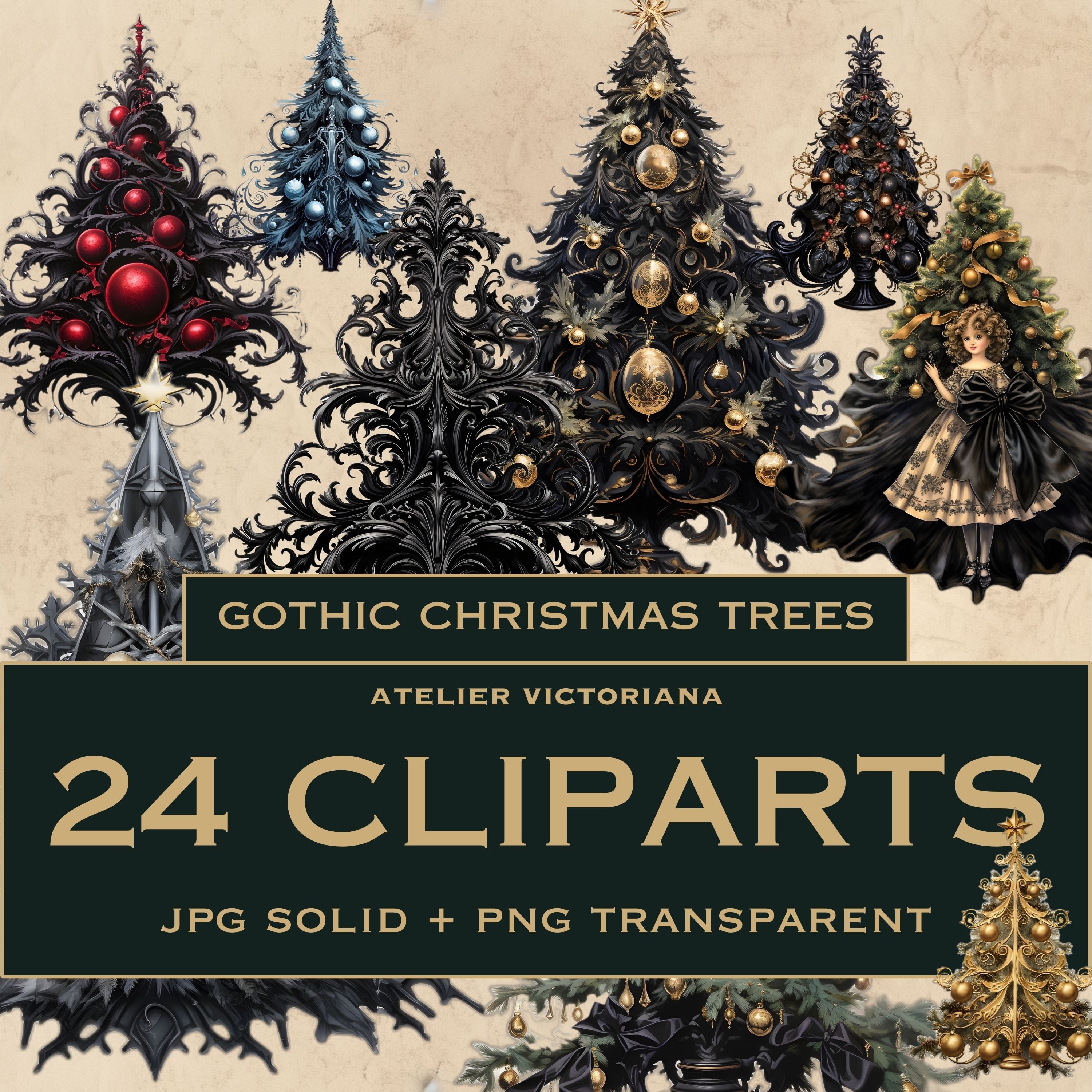 Gothic Christmas Tree Clipart Bundle, Perfect for Christmas Invitation ...