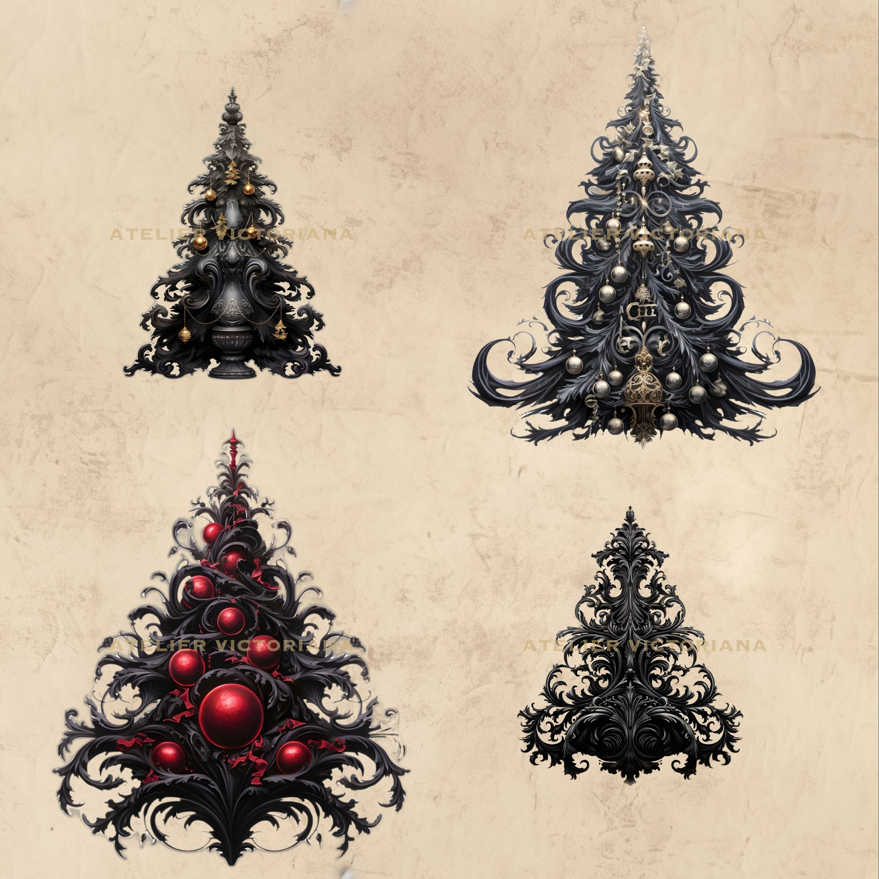 Gothic Christmas Tree Clipart Bundle, Perfect for Christmas Invitation ...
