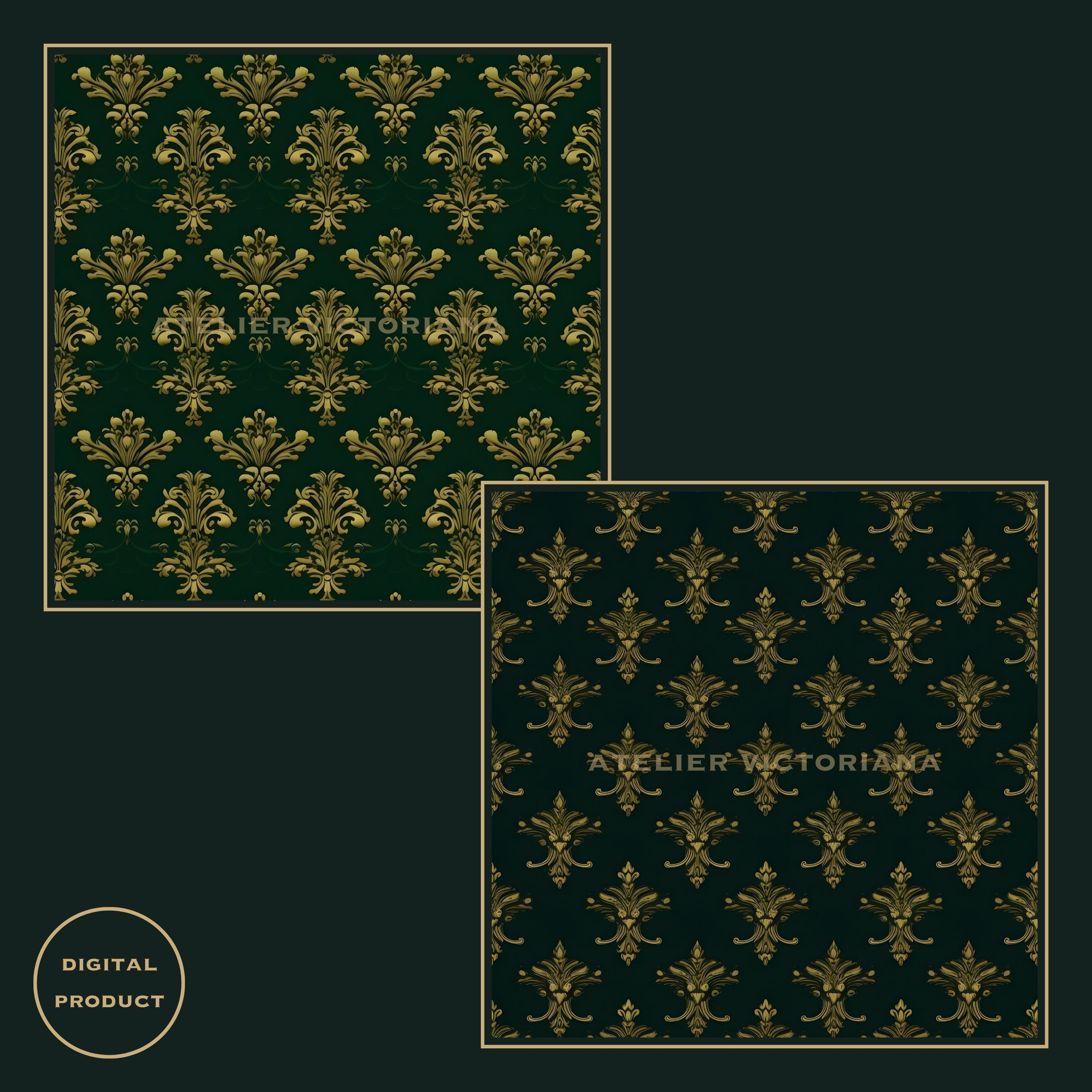 Green and Gold Damask Seamless Pattern Bundle, Digital Paper Pack for ...