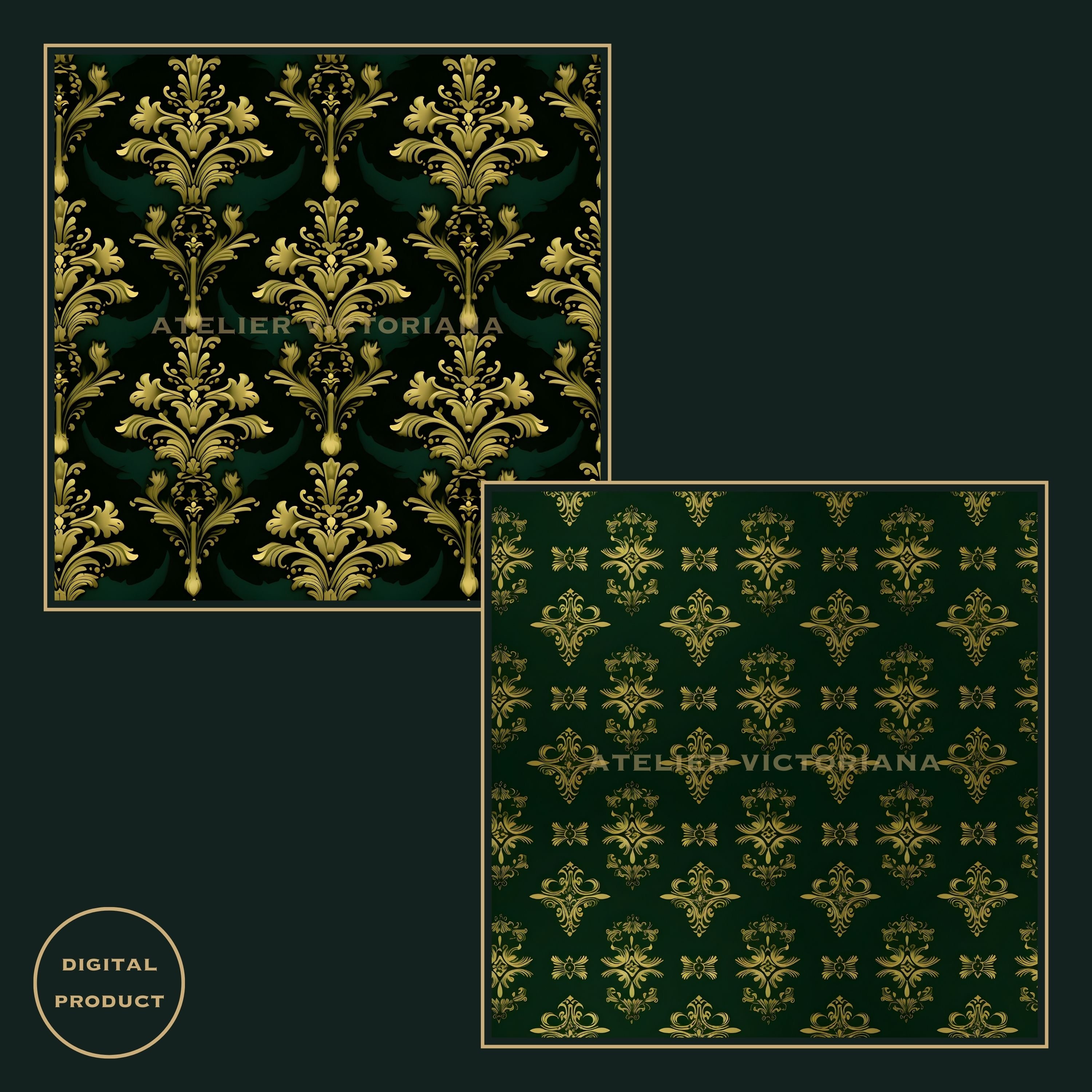 Green and Gold Damask Seamless Pattern Bundle, Digital Paper Pack for ...