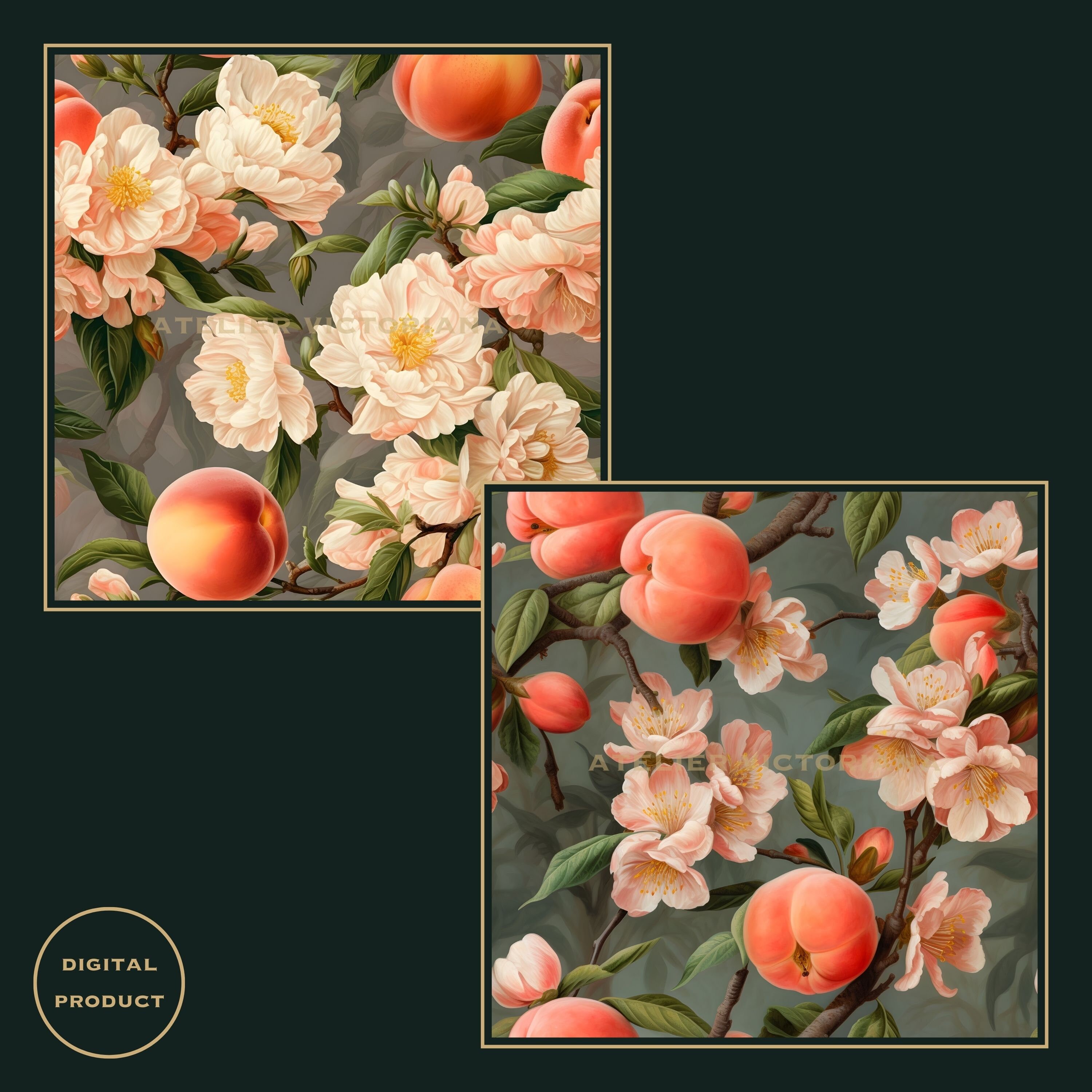 Peaches Digital Paper Pack, Seamless Pattern Bundle With Botanical Art ...