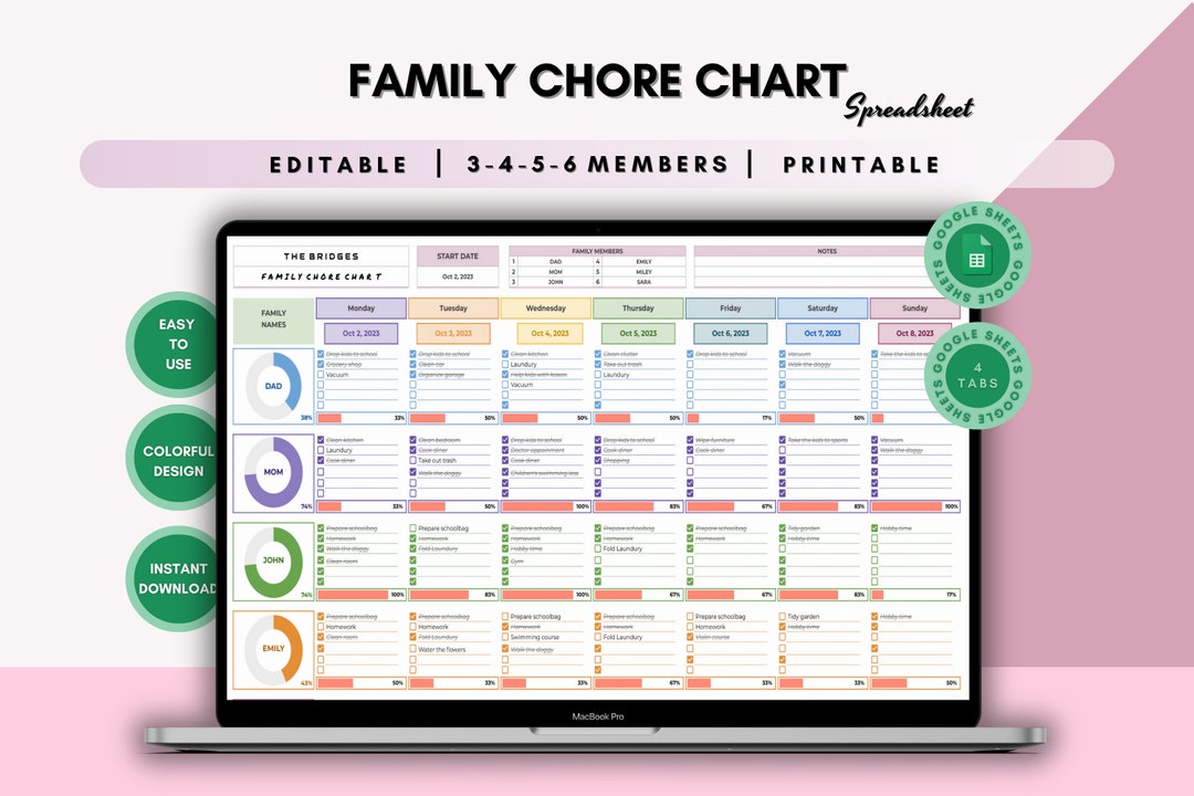 Family Chore Chart Google Sheets Template Personalized Editable Weekly ...