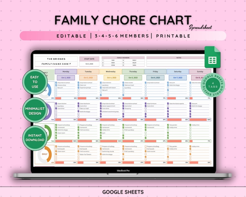 Family Chore Chart Google Sheets Template Personalized Editable Weekly ...