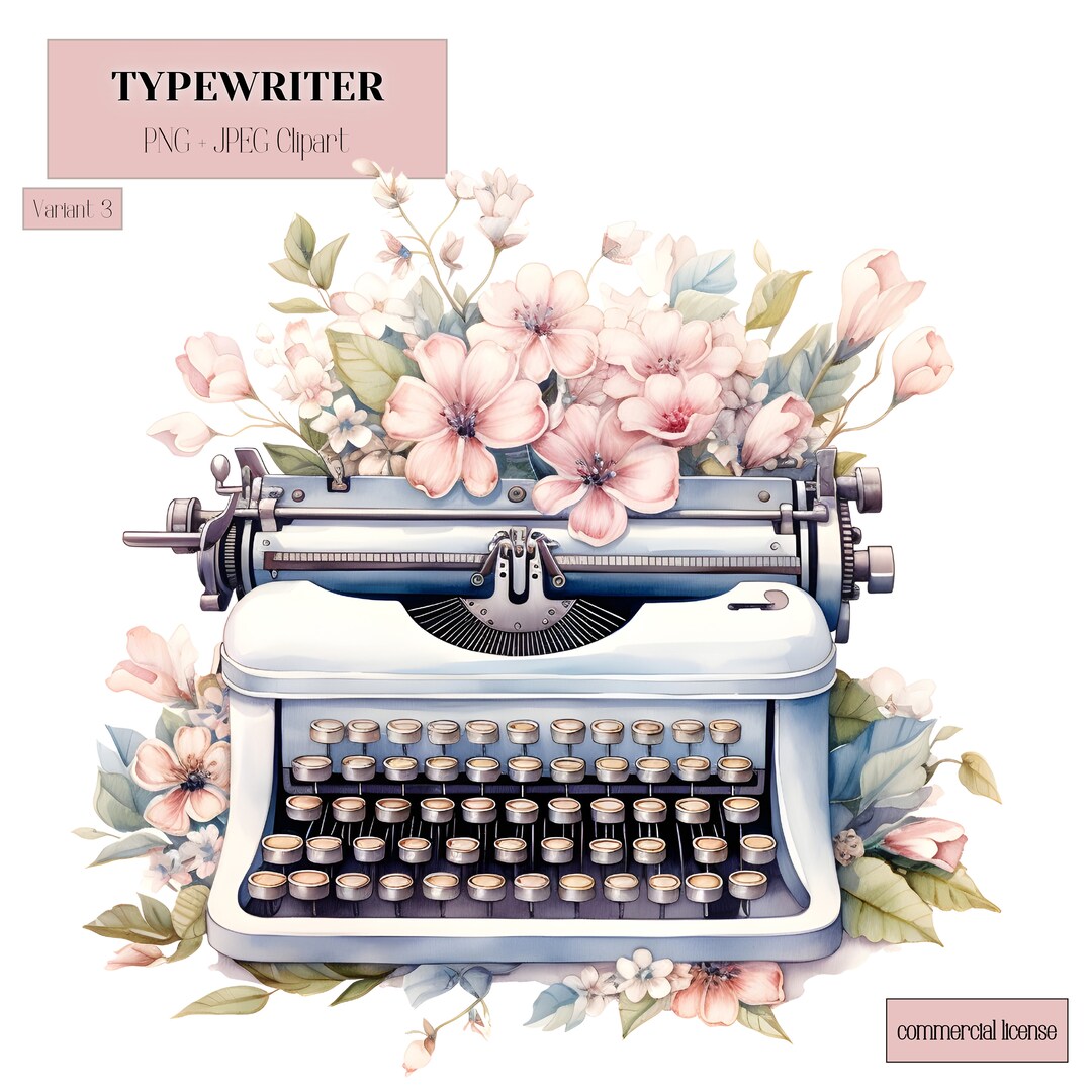 Vintage Typewriter V3 Watercolor PNG Commercial Use Clip Art, Pastel Flower Clipart PNG, POD ...