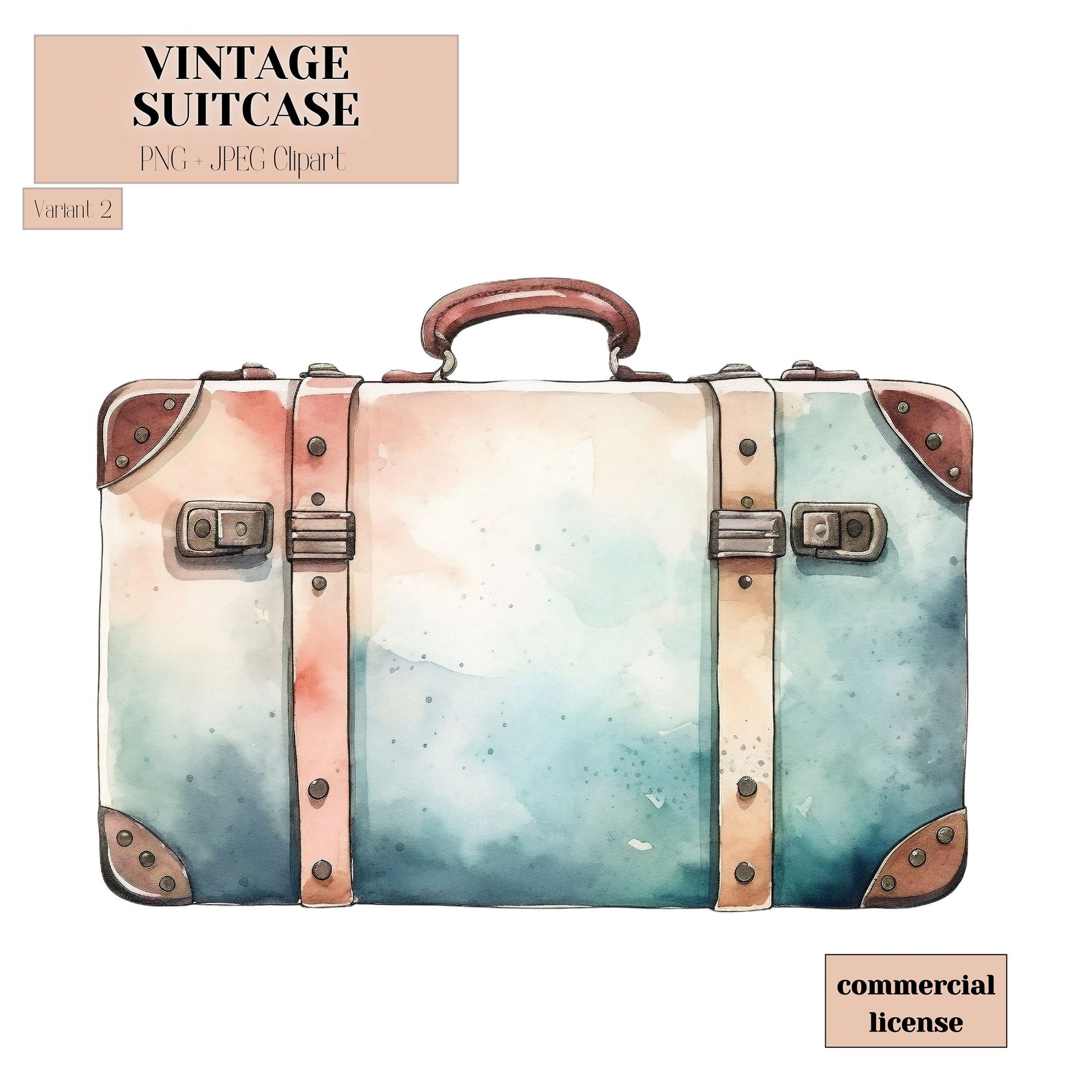 Vintage Suitcase V2 Watercolor PNG Commercial Use Clip Art, Pastel 90s ...