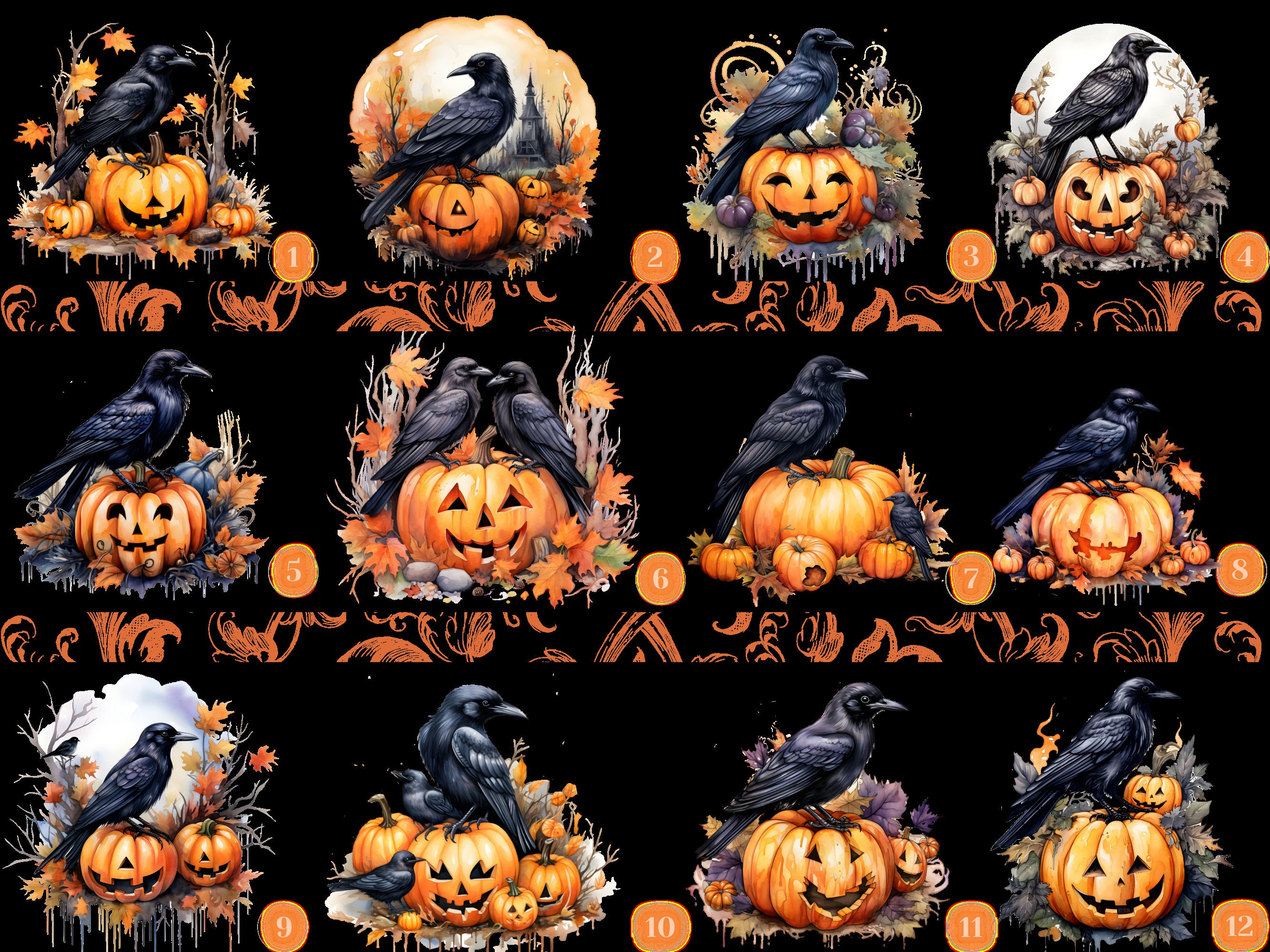 Watercolor Raven Pumpkin Clipart Bundle I Halloween Pumpkin - Etsy