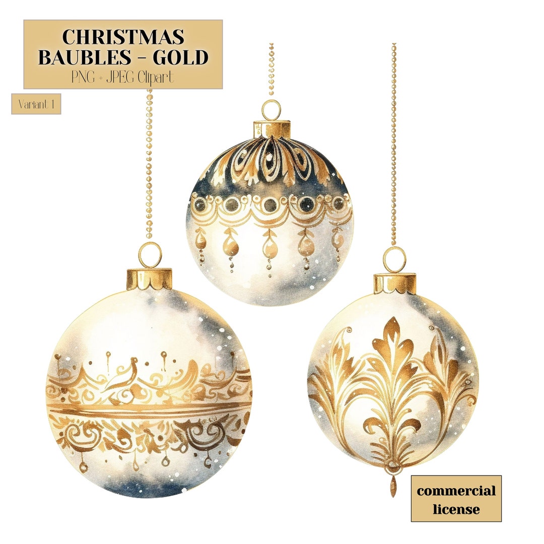 Golden Christmas Baubles V1 Watercolor PNG Commercial Use Clip Art ...
