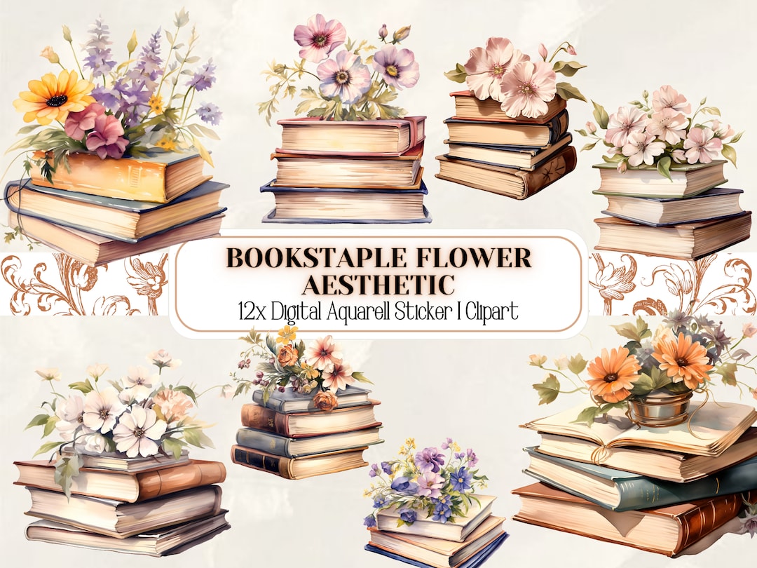 Watercolor Book Stack With Flowers Clipart Bundle I Floral PNG Clipart ...
