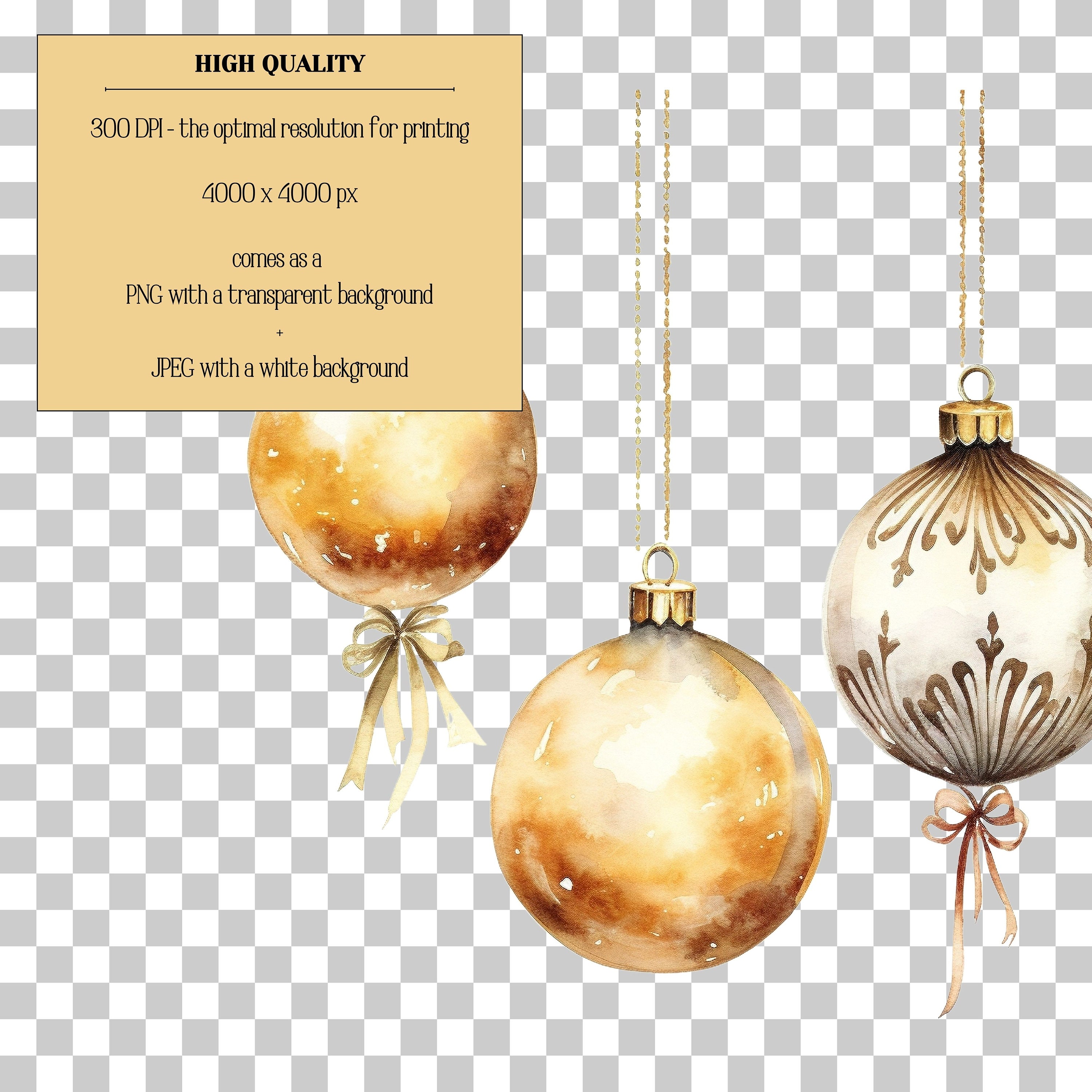Golden Christmas Baubles V2 Watercolor PNG Commercial Use Clip - Etsy