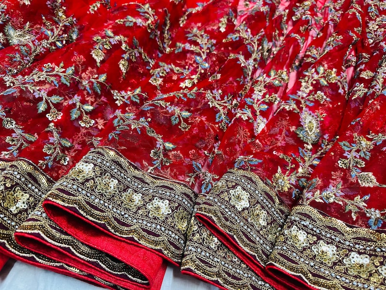 Red Embroidered Net Saree | Indian Bridal Wedding Sari, Full Sleeve ...
