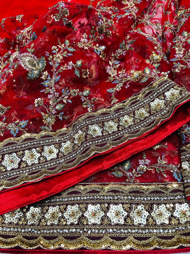 Red Embroidered Net Saree | Indian Bridal Wedding Sari, Full Sleeve ...