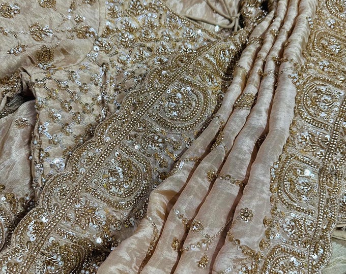 Champagne Gold Hand Embroidered Crepe Saree | Indian Wedding Saree - Etsy