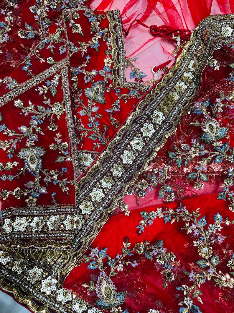 Red Embroidered Net Saree | Indian Bridal Wedding Sari, Full Sleeve ...
