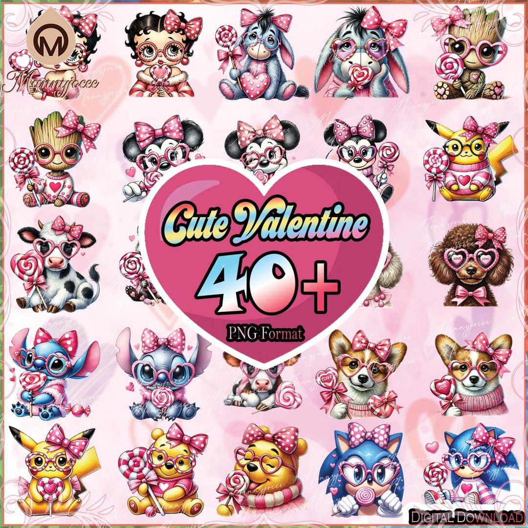 49 Funny Cartoon Characters Wearing Cute Pink Bows PNG Bundle ...