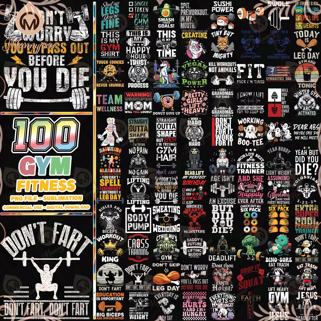 100 Files Fitness PNG Bundle, Funny Gym Quotes Png, Gym Shirt Designs ...