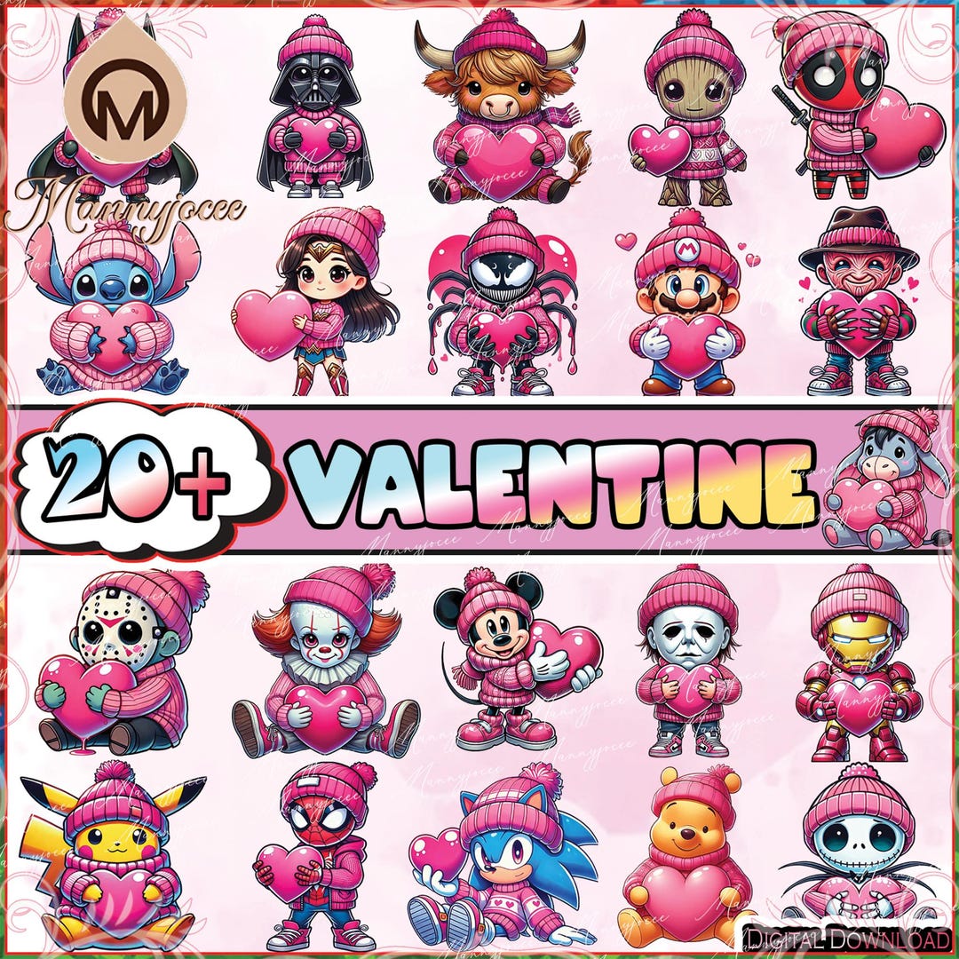 23 Cute Cartoon Valentine Characters PNG Bundle, Cartoon Characters ...
